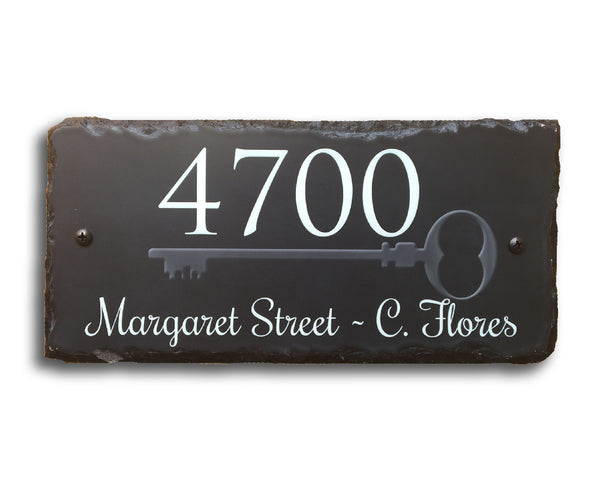 Handmade and Customizable Slate House Sign- Silver Key on Black