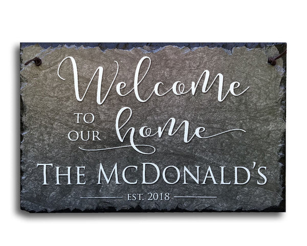 Handmade and Customizable Slate Welcome House Sign - Family Name