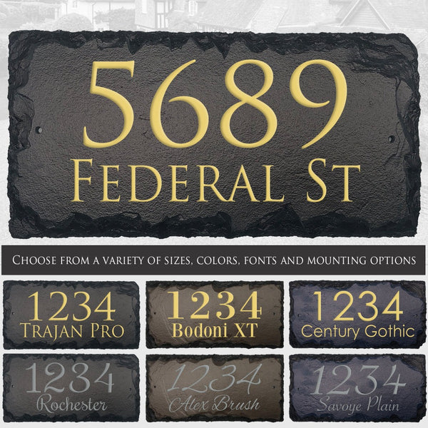 Handmade and Customizable Slate House Sign- Gold or Silver on Black