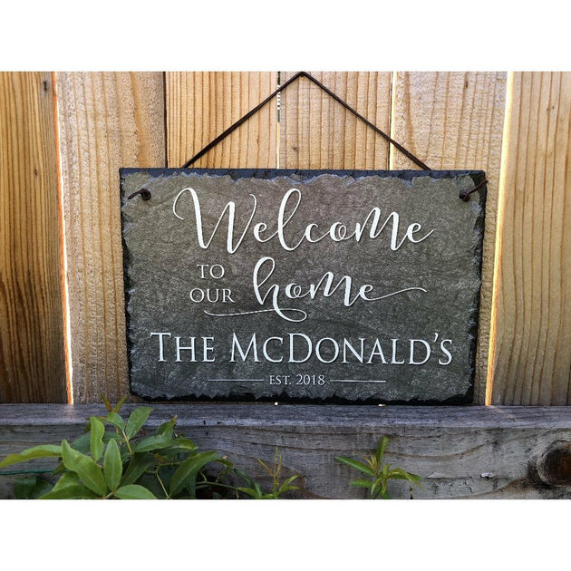 Handmade and Customizable Slate Welcome House Sign - Family Name