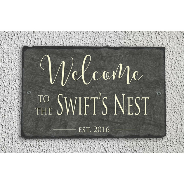 Handmade and Customizable Slate Welcome House Sign - Family Name